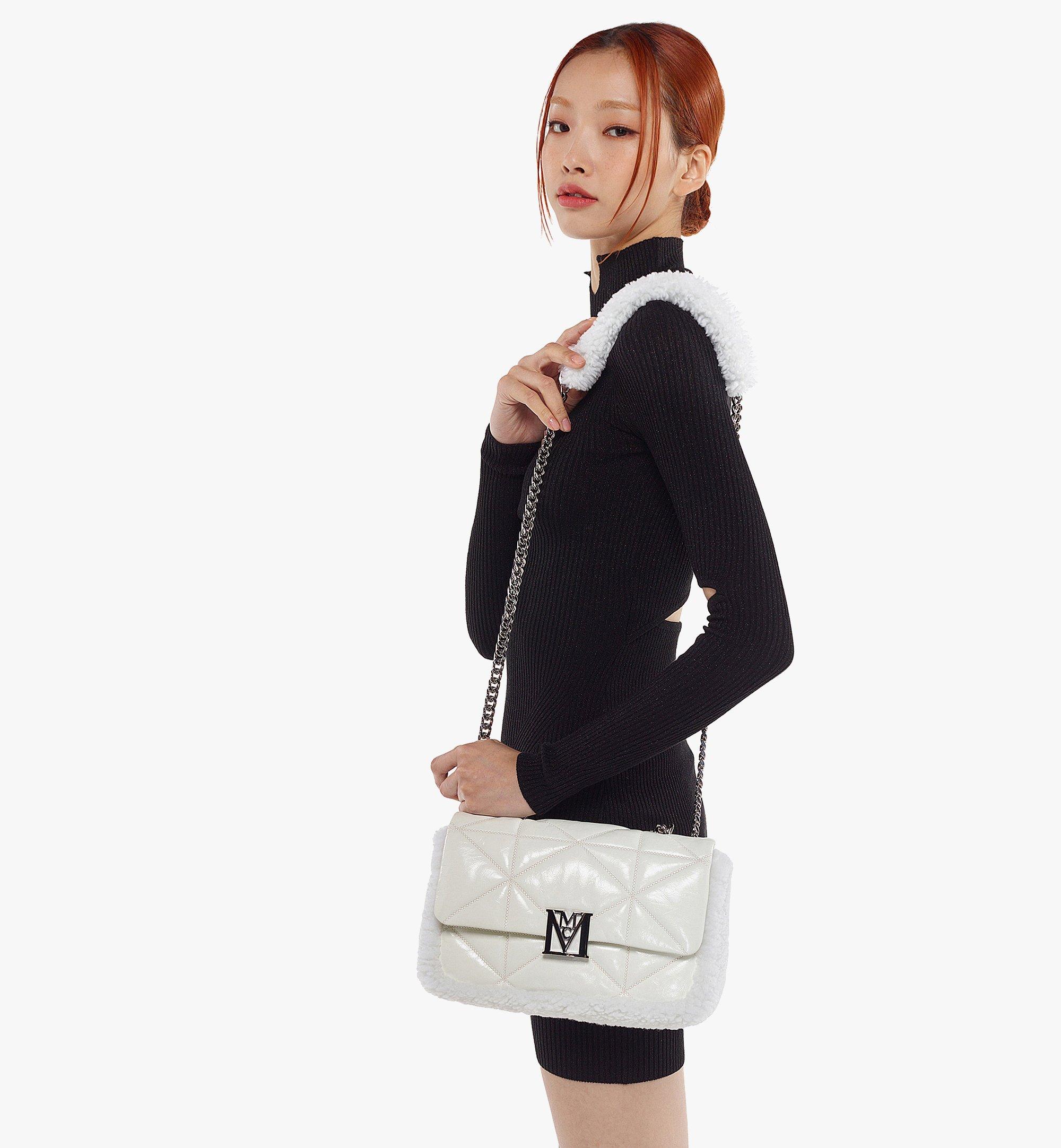 Small Travia Shearling Shoulder Bag in Cloud Quilted Leather Grey | MCM ®CA